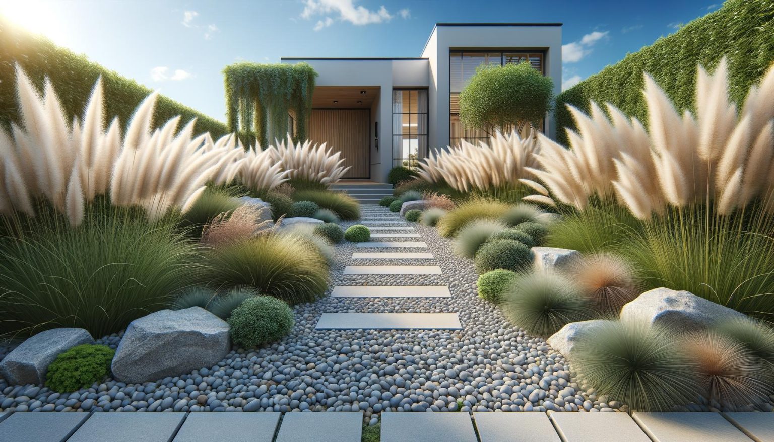 Voortuin met grind en grassen: eenvoudig onderhoud en moderne ...